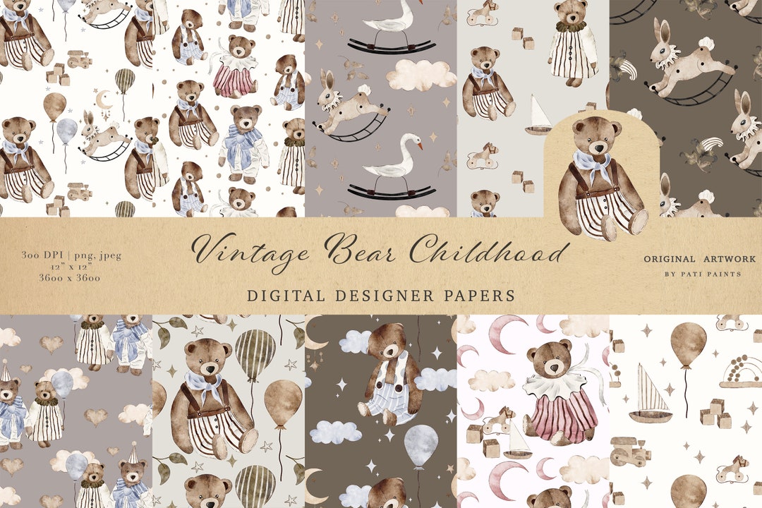 Vintage Watercolor Bear Digital Paper Set - Watercolor Seamless Pattern ...