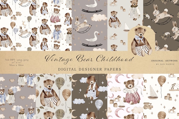 Vintage Watercolor Bear Digital Paper Set Watercolor - Etsy