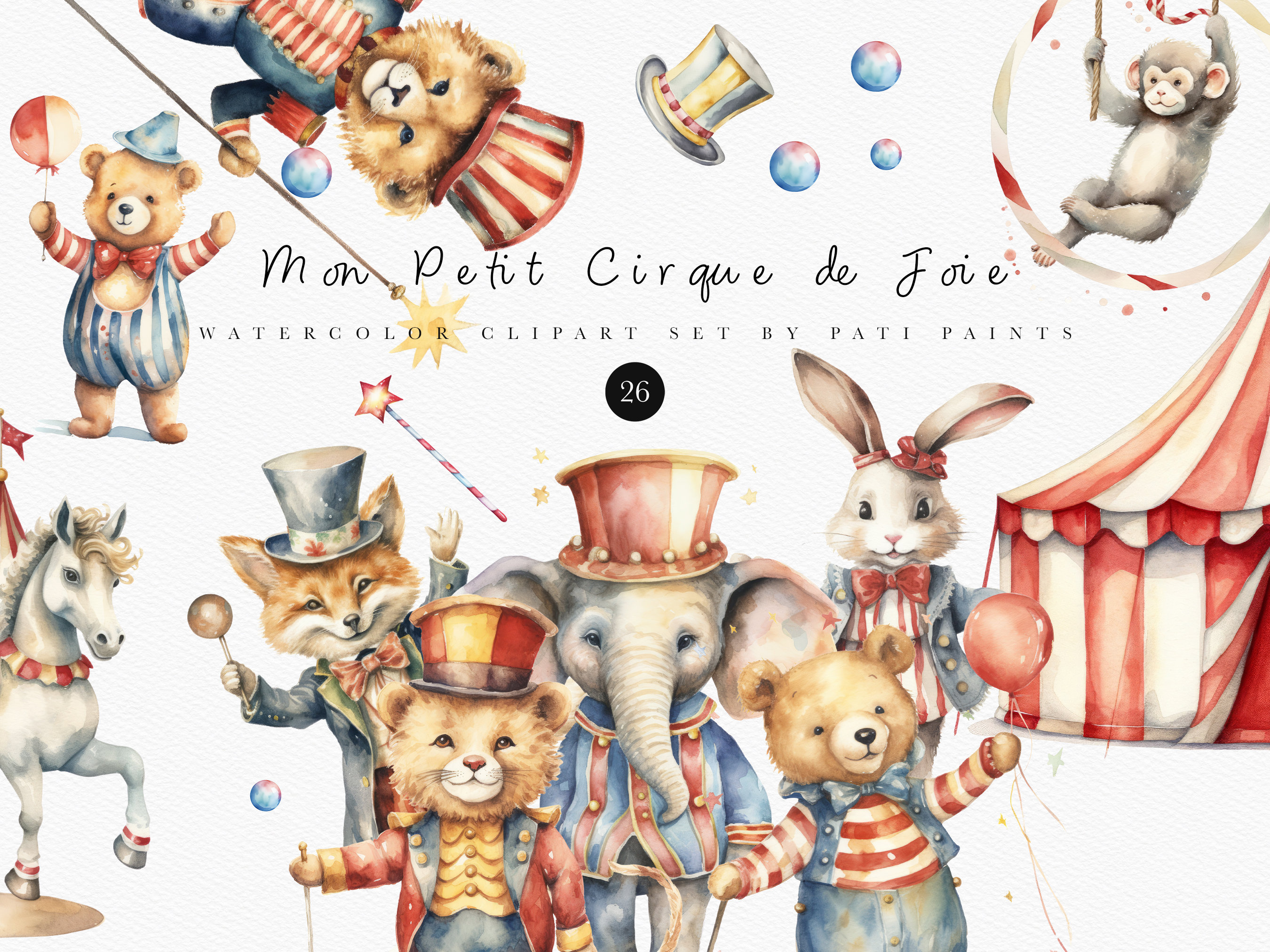 Watercolor Circus Animal Clipart Bundle, Circus Tent Clipart, Nursery ...