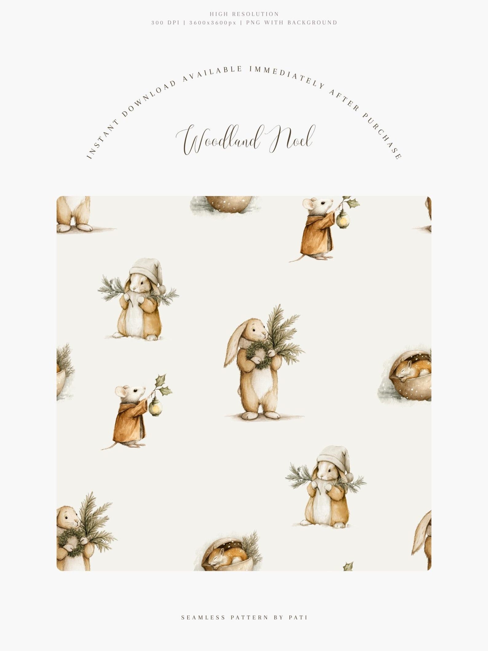 Watercolor Woodland Christmas Seamless Pattern - Cute Winter Bunny and ...