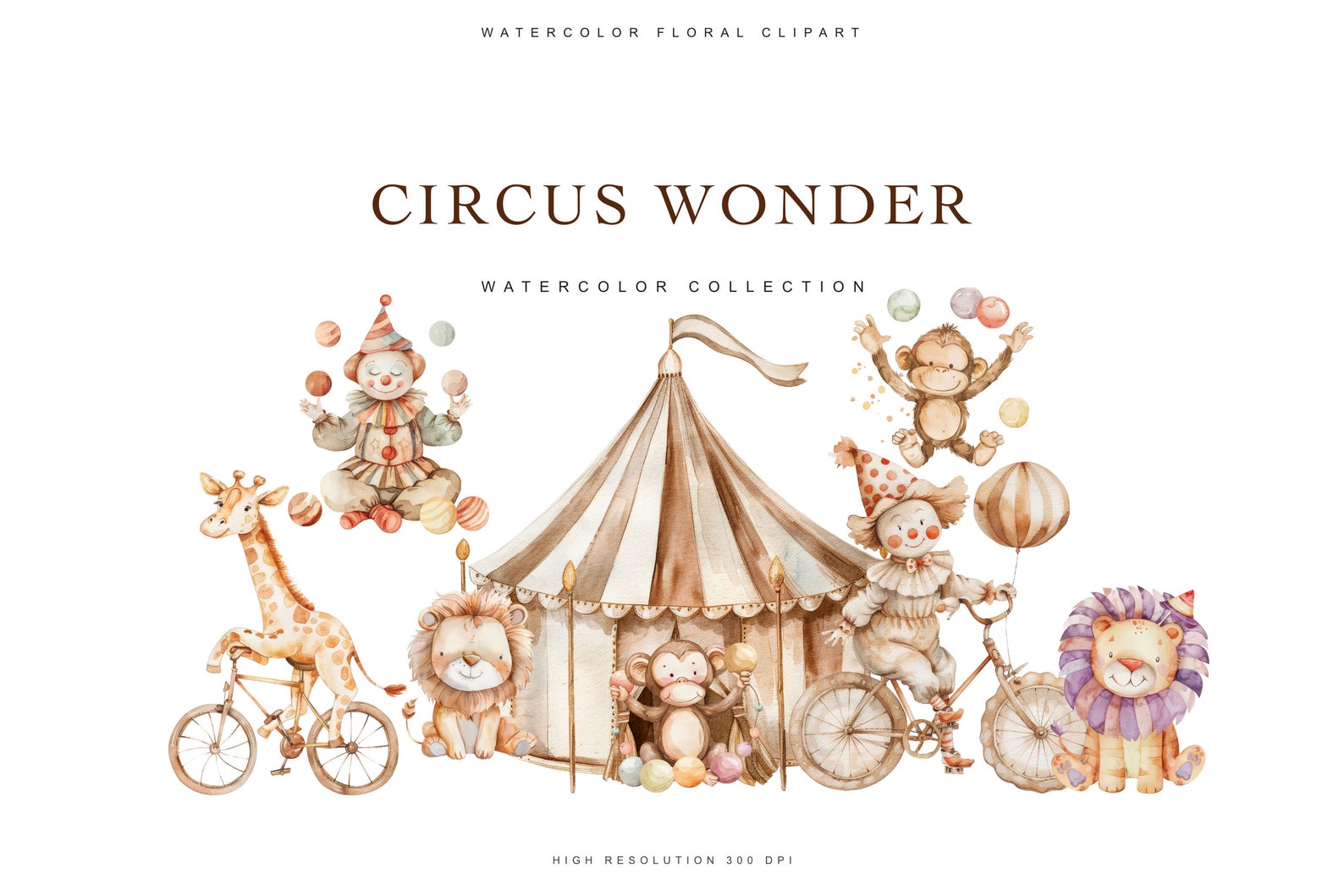 Watercolor Cute Circus Clipart Set for Baby Circus Animals Cute Clowns ...