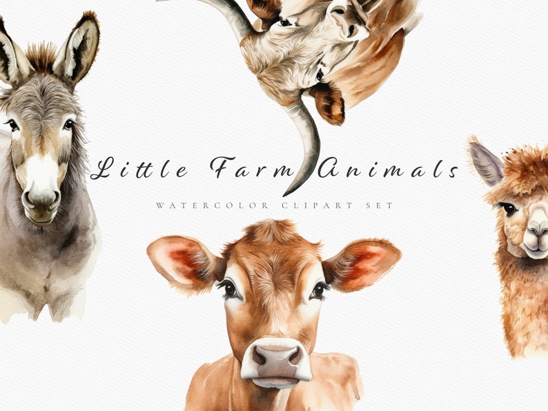 Watercolor Farm Animals Clipart Set Farmyard Animals Cow, Llama, Pig ...