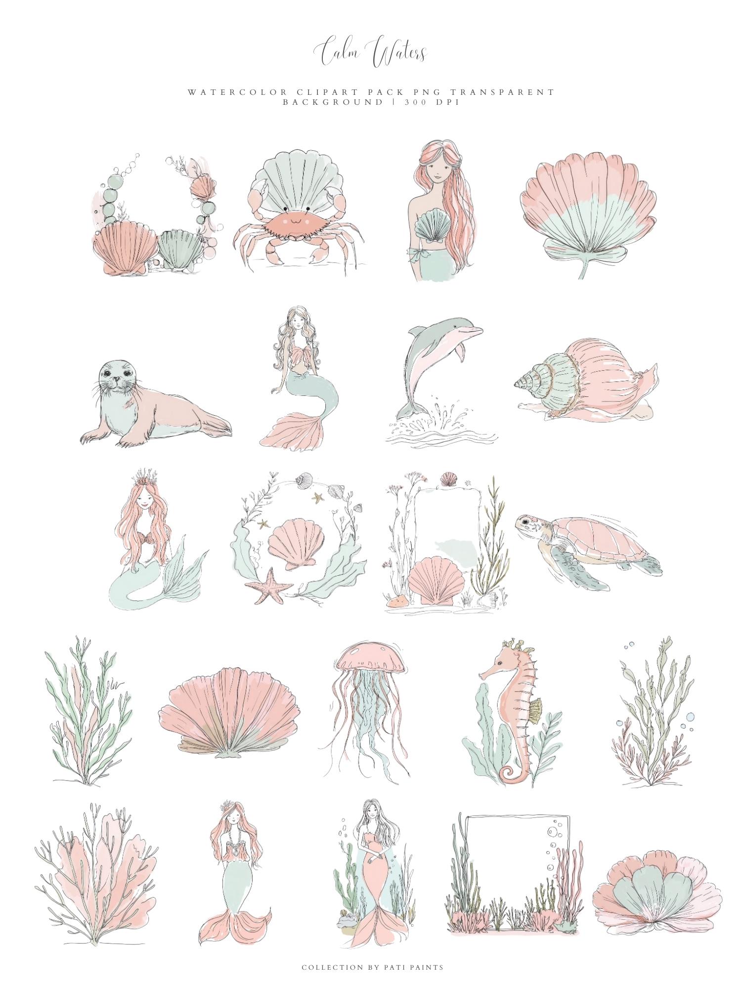 Pastel Mermaid Hand Drawn Doodles Clipart Set, Calm Ocean Pngs, Under ...