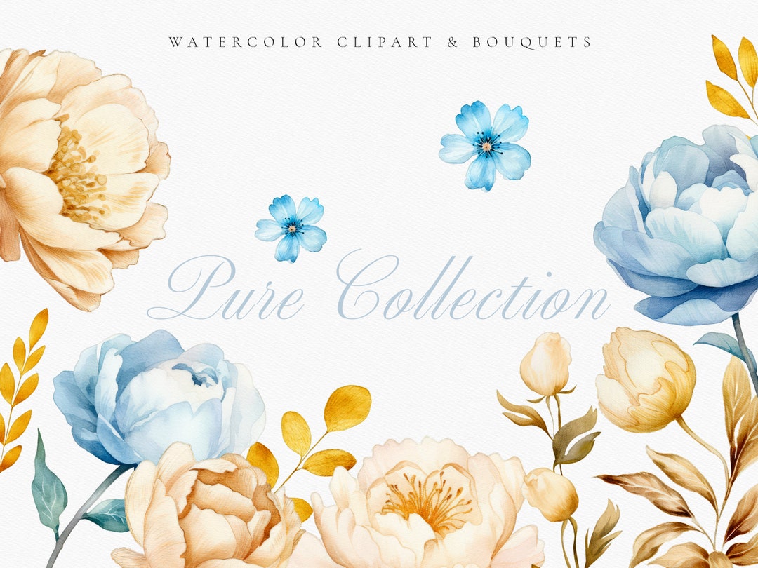 Watercolor Light Baby Blue Floral Clipart - Beige Flower Clipart - Gold ...
