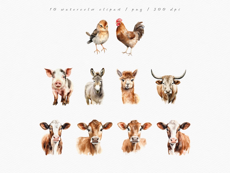 Watercolor Farm Animals Clipart Set Farmyard Animals Cow, Llama, Pig ...