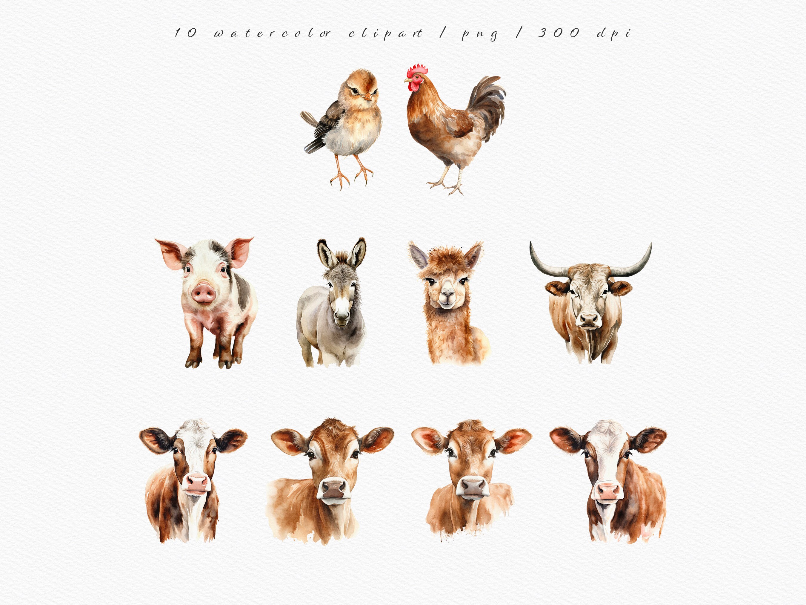 Watercolor Farm Animals Clipart Set - Farmyard Animals - Cow, Llama ...