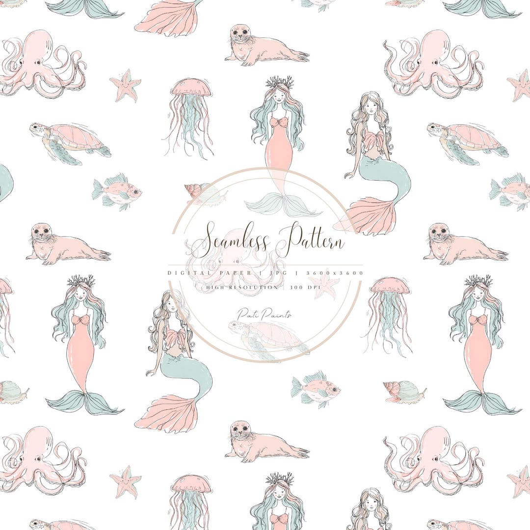 Watercolor Pastel Mermaid Seamless Pattern PNG, Coquette Ocean Digital ...