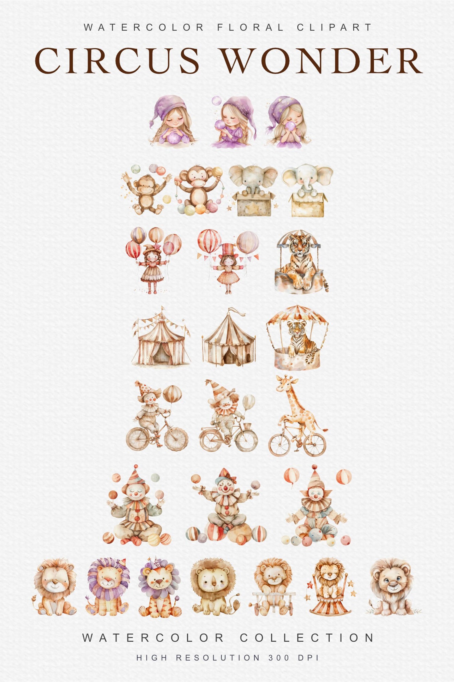 Watercolor Cute Circus Clipart Set for Baby Circus Animals Cute Clowns ...