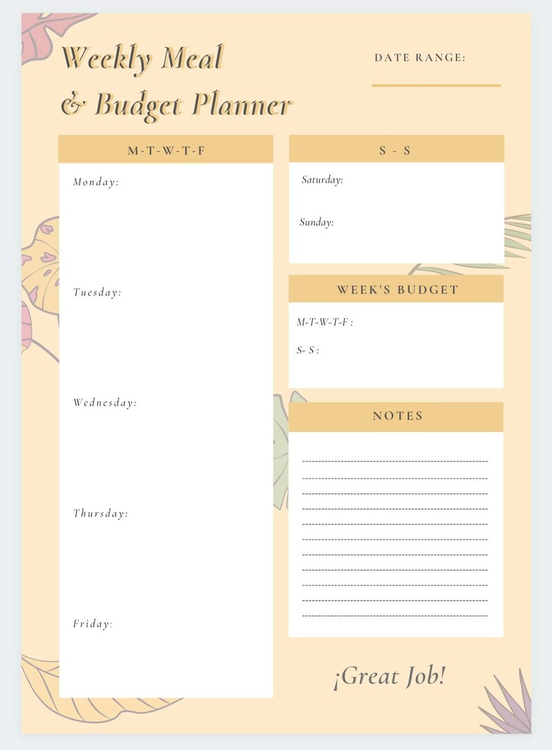 Printable Weekly Meal & Budget Planner - Etsy