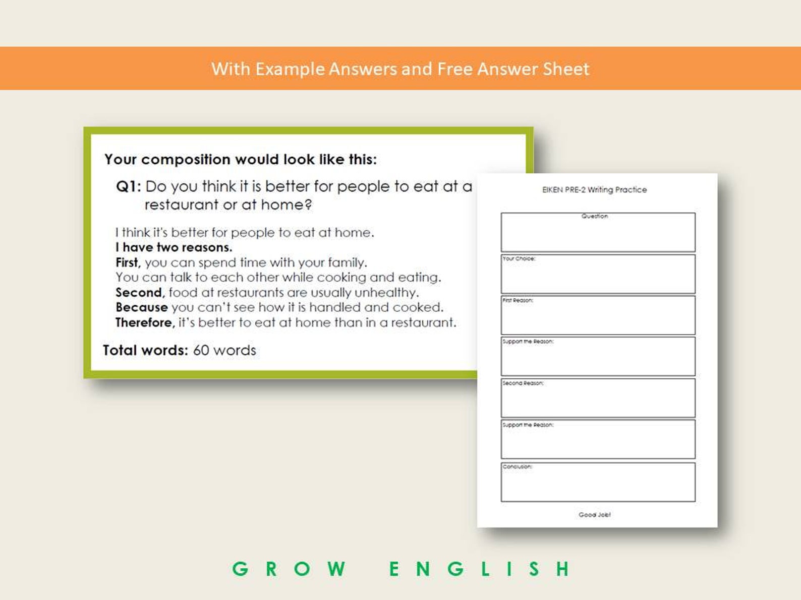 EIKEN PRE-2 Writing Worksheets with Sample Answers and Tips | Etsy