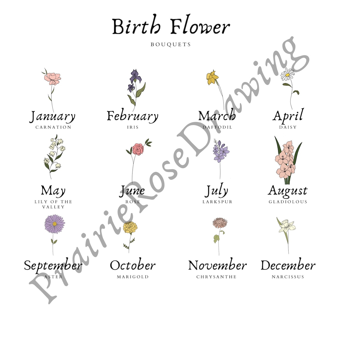 Birth Flower Bouquet Birth Flowers Birth Month Flowers | Etsy