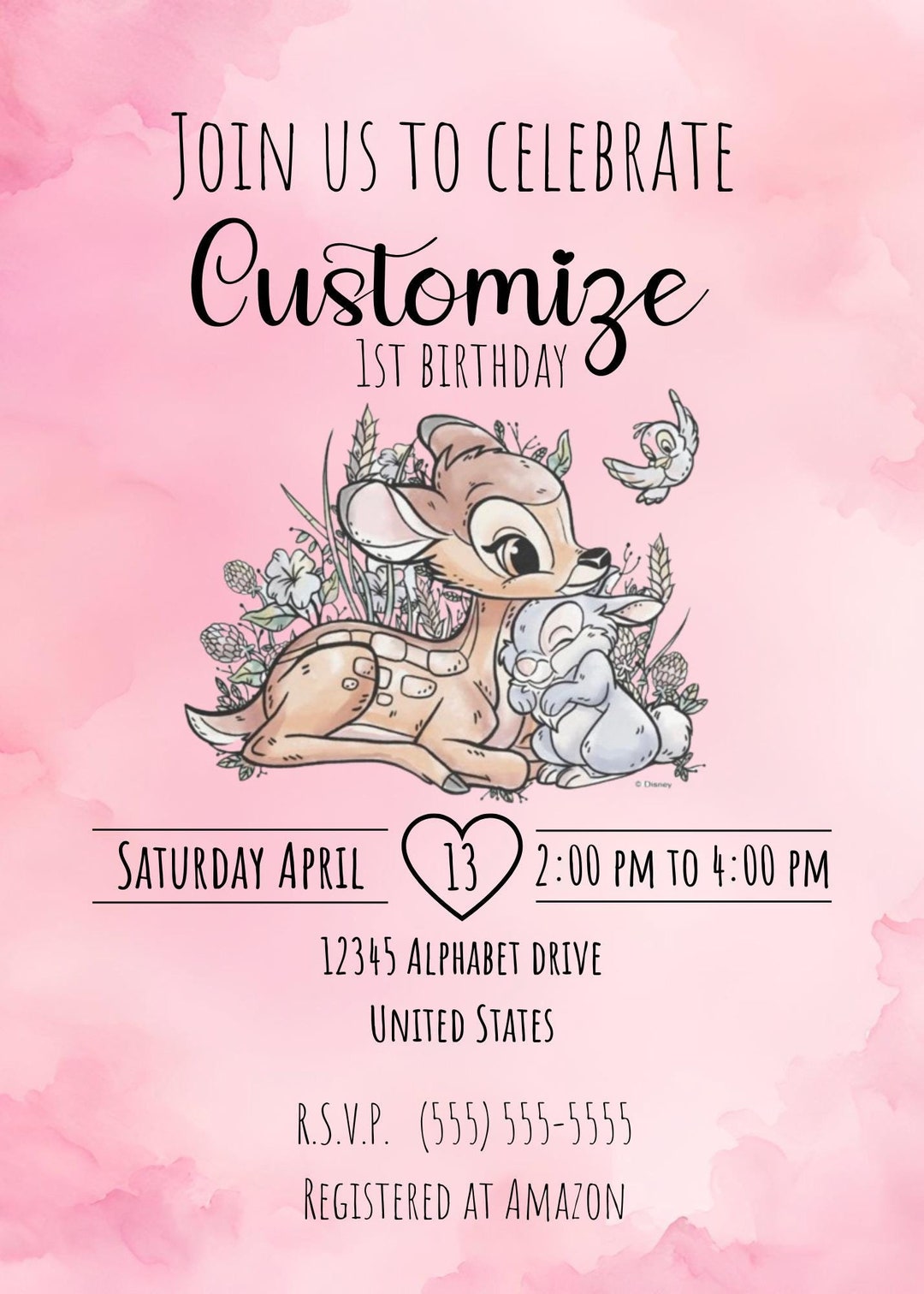 Bambi Inspired Pink Birthday Invitation Card Canva Customize - Etsy