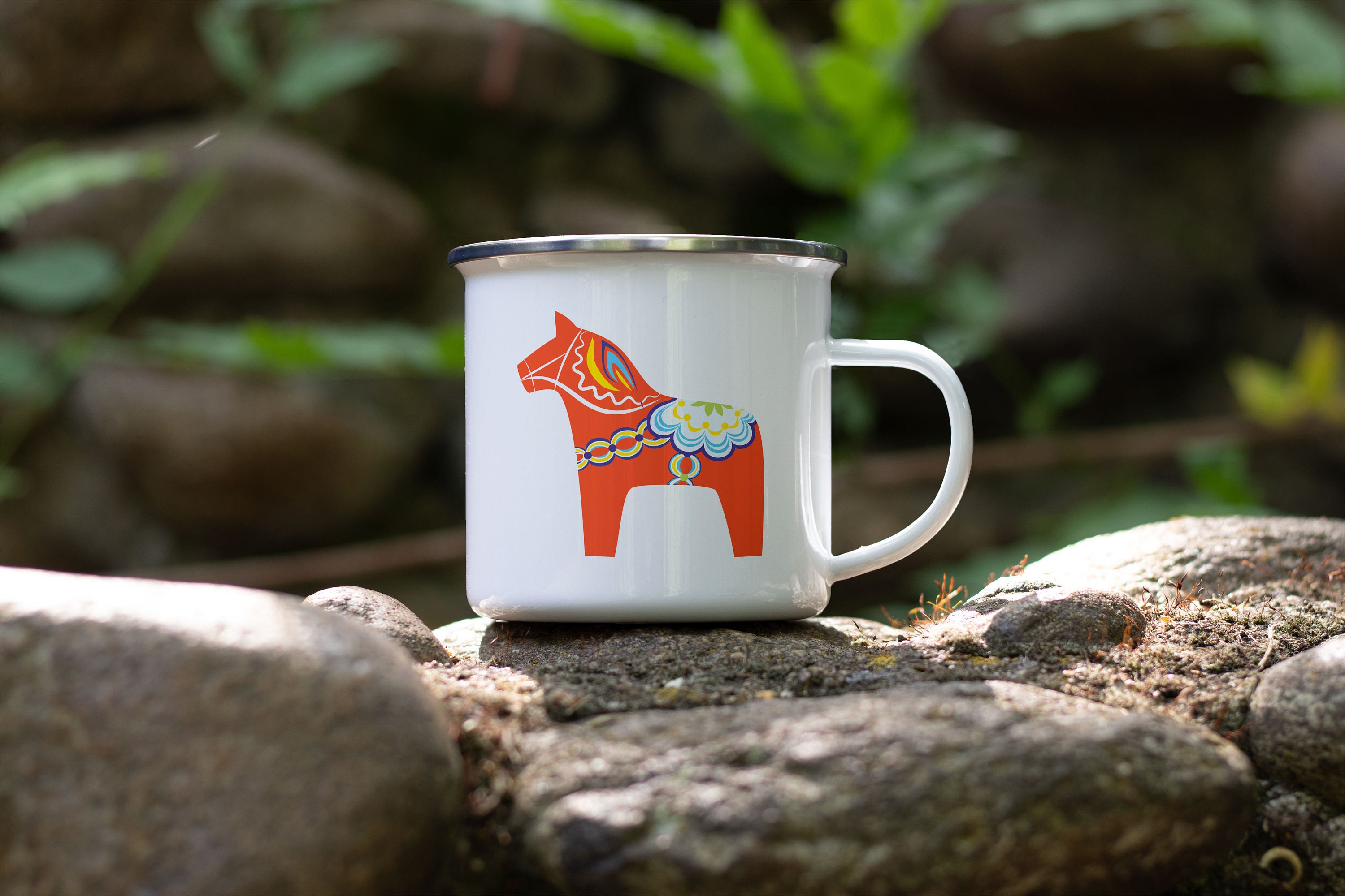 Dala Horse Enamel Mug - Swedish Camping Mug, Scandinavian Coffee Cup ...