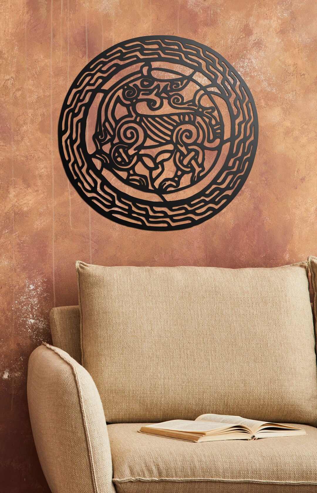 Viking Wolf Metal Wall Art Fenrir - Viking Age Wall Decor Round Norse ...