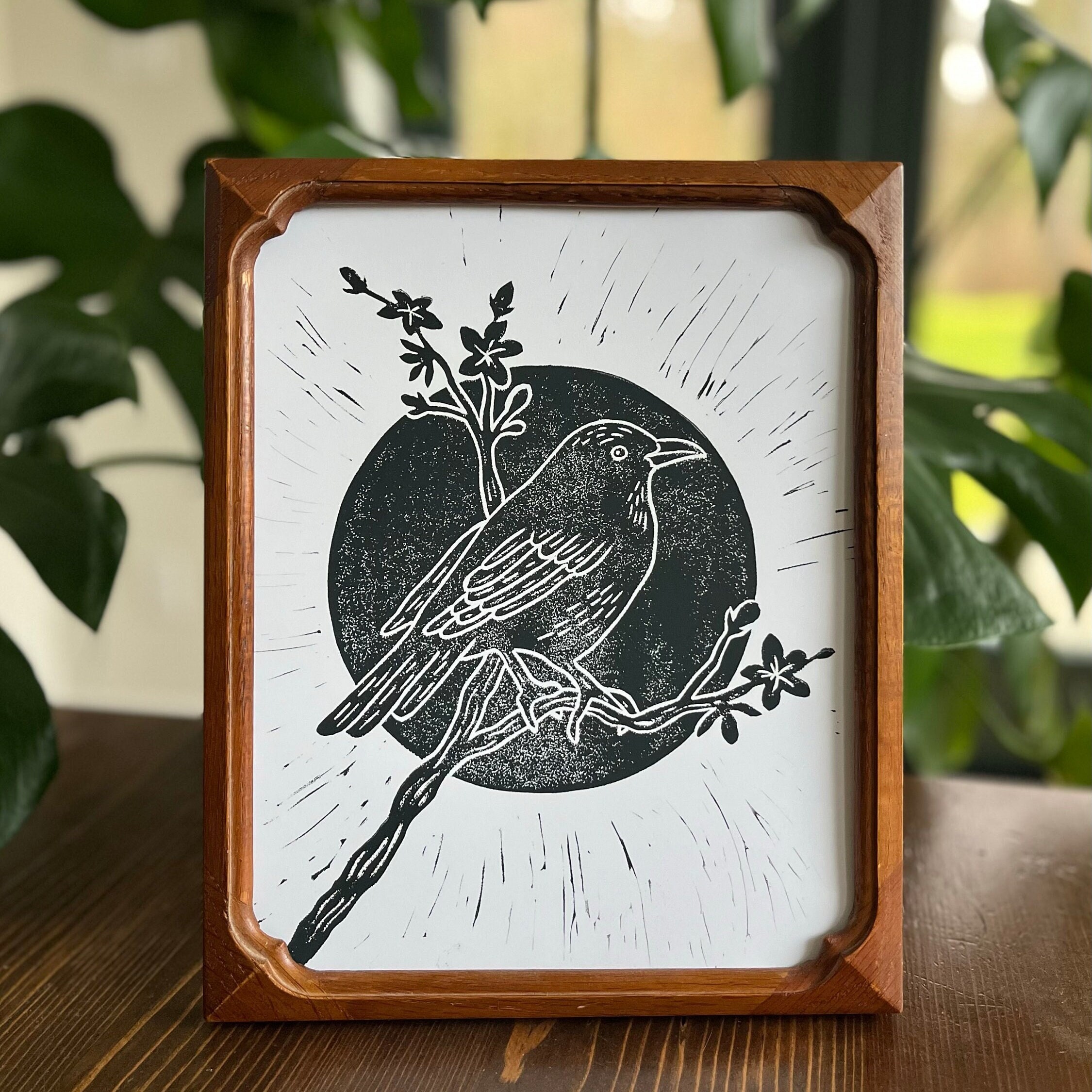 Black Bird Block Print, Raven and Full Moon Art Print - Etsy