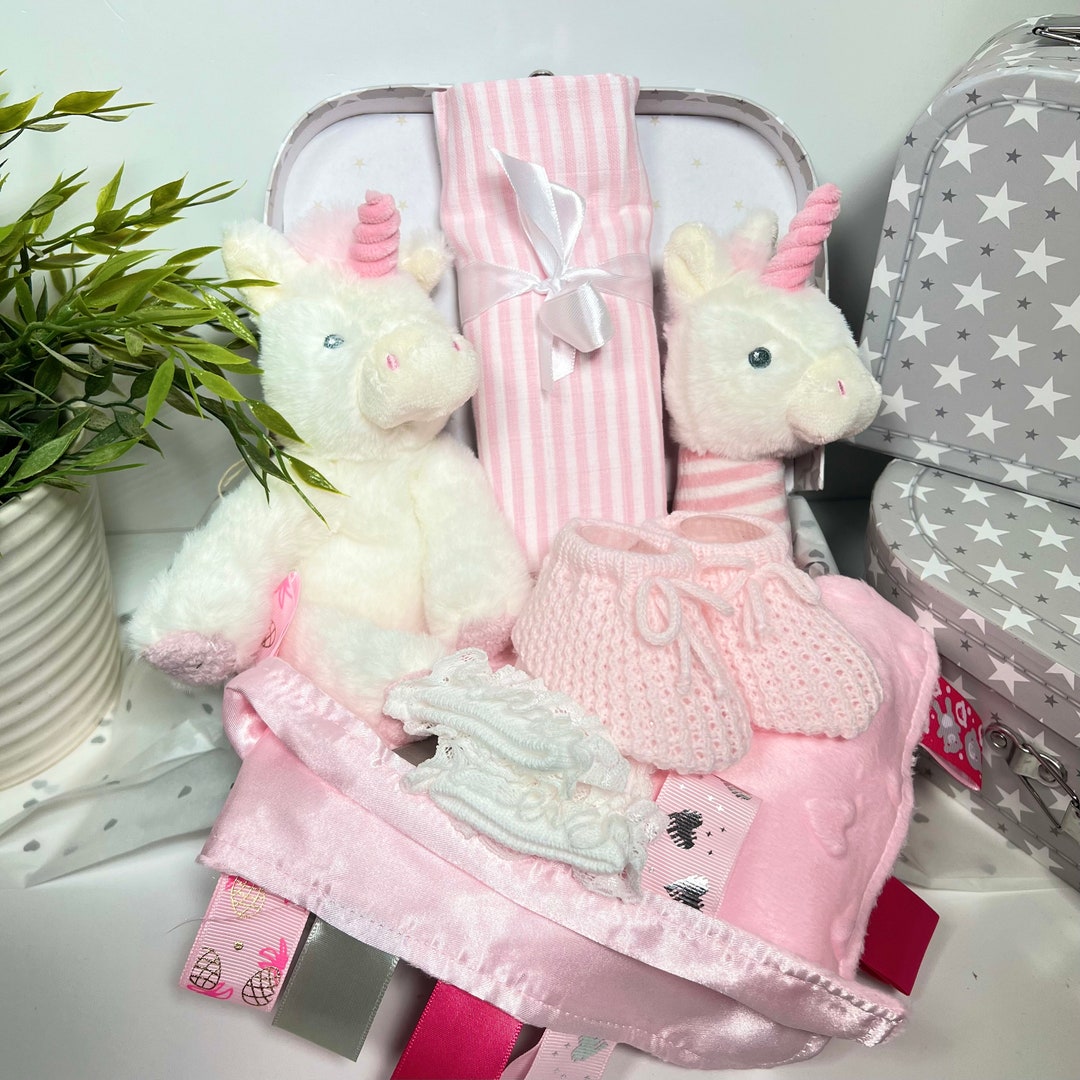 New Baby Girl Hamper, Unicorn Baby Present, Pink Taggie Blanket, Baby ...