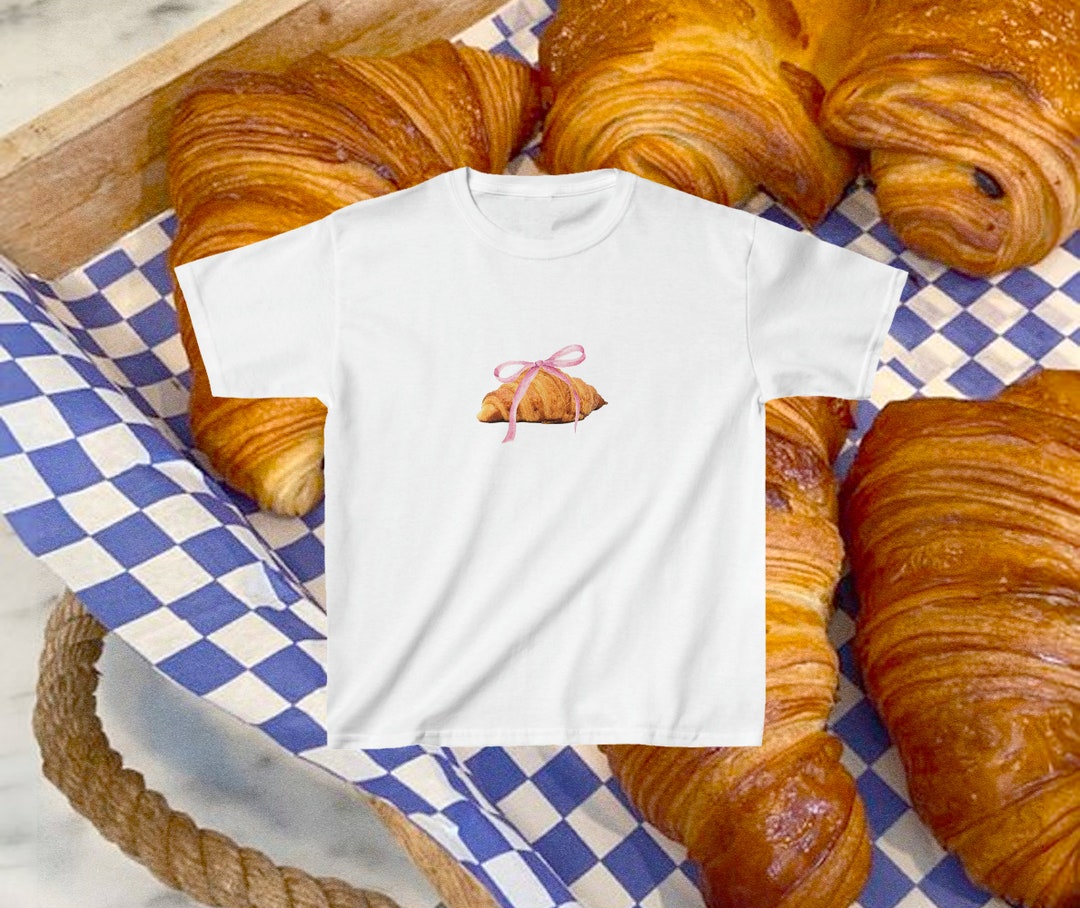 Coquette Croissant Baby Tee With Pink Ribbon Bow, Y2k Graphic Baby Tee ...