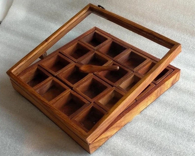 16 Square Compartments & Spoon Wooden Handmade Spice Box/ Masala Dabba ...