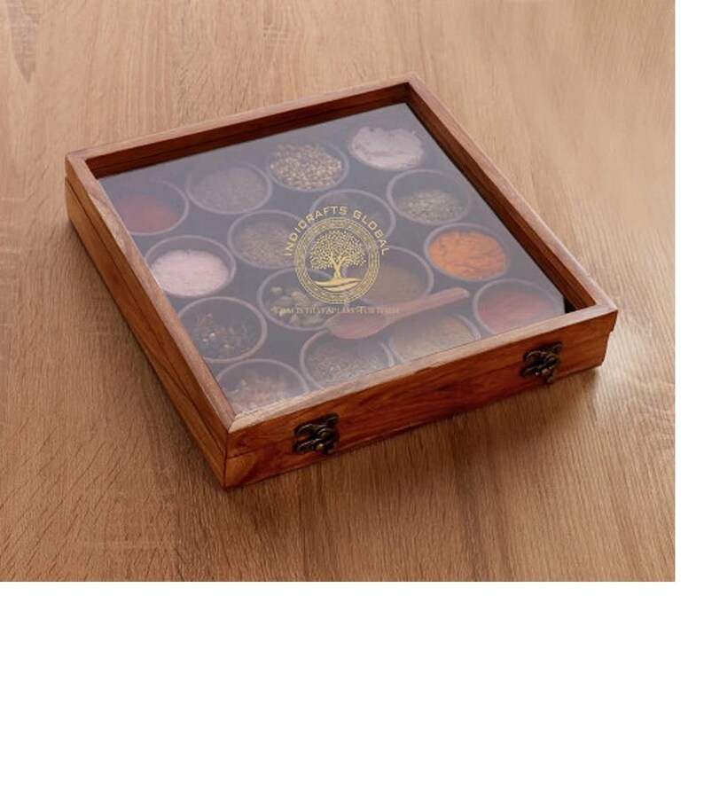 Wooden Handmade Spice Box/ Masala Dabba With 16 Round Compartments ...