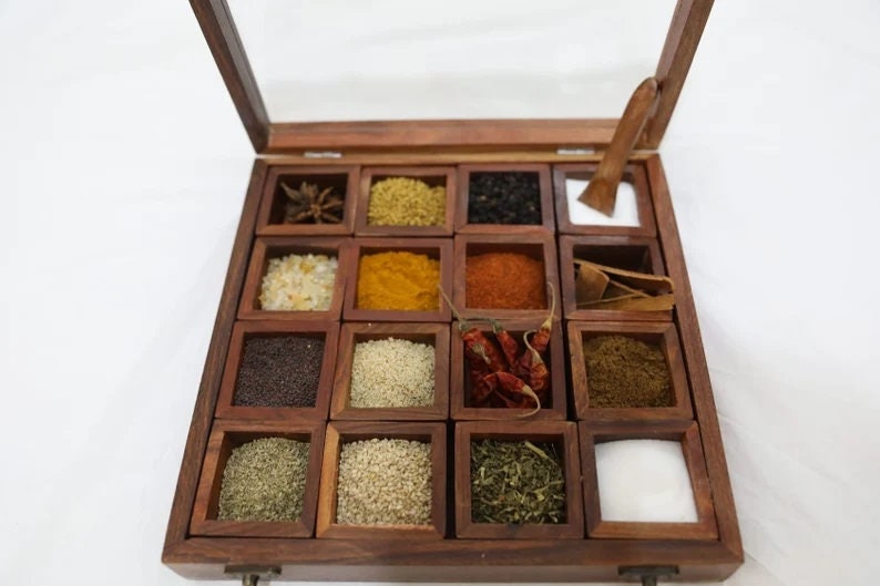 16 Square Compartments & Spoon Wooden Handmade Spice Box/ Masala Dabba ...