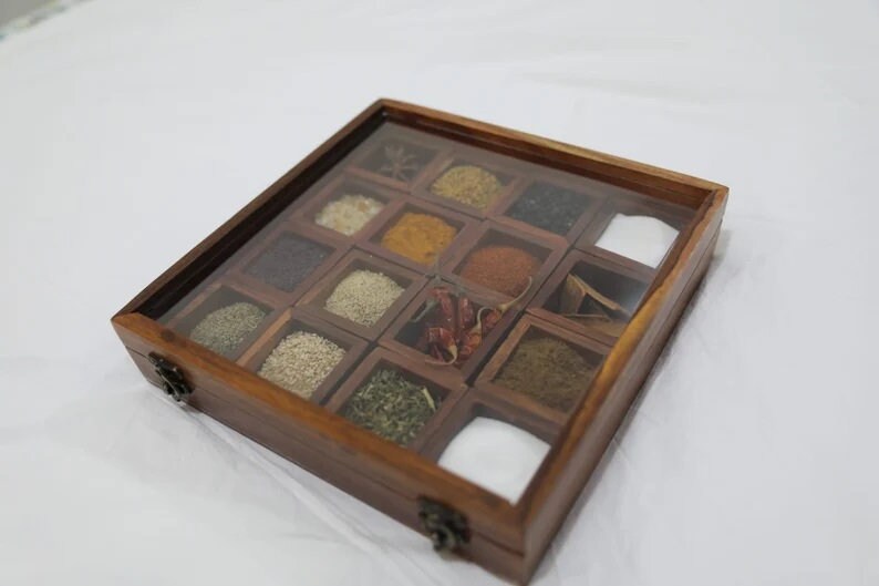 16 Square Compartments & Spoon Wooden Handmade Spice Box/ Masala Dabba ...