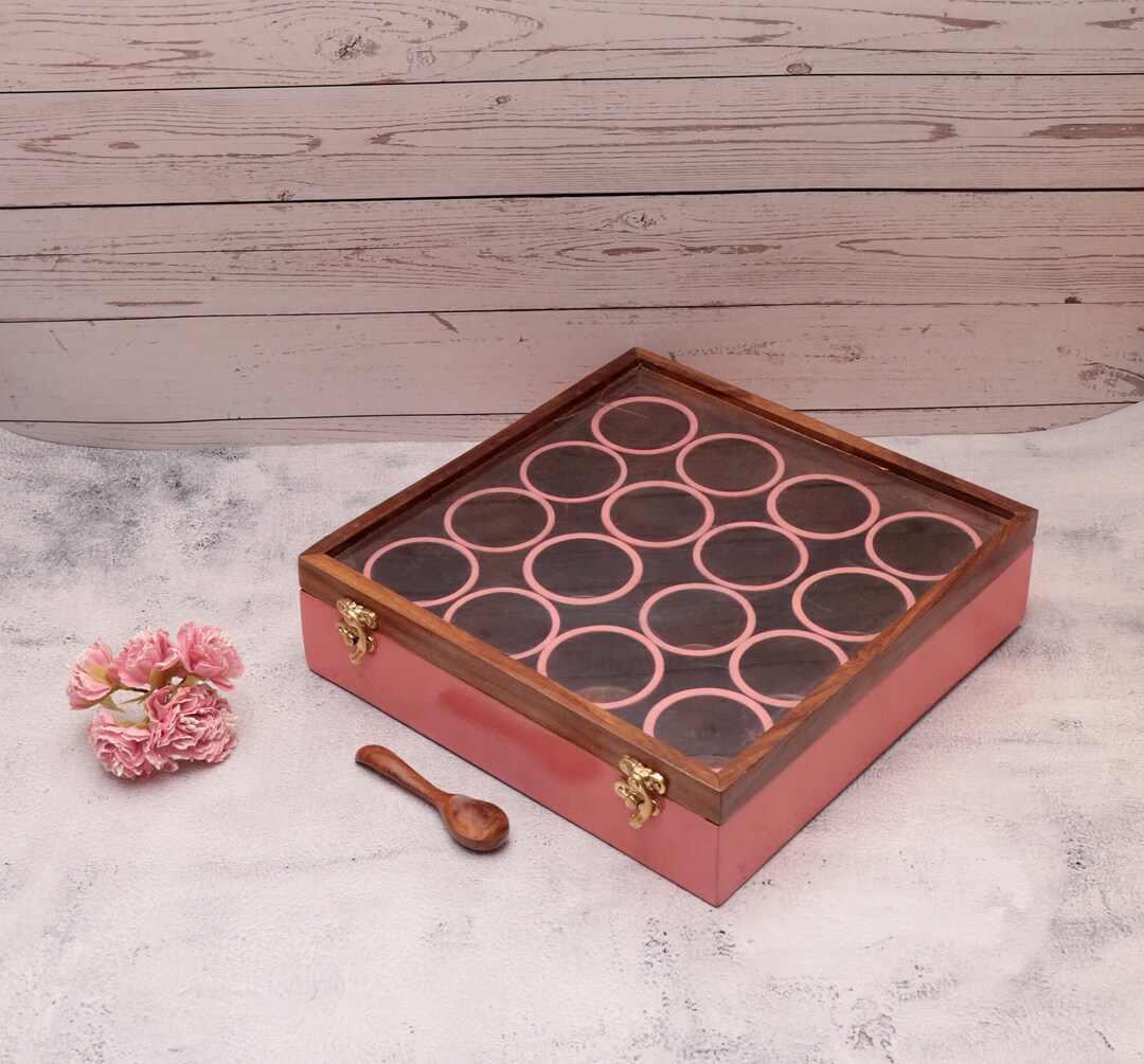 Pink Colour Wooden Handmade Spice Box/ Masala Dabba With 16 Big Round ...