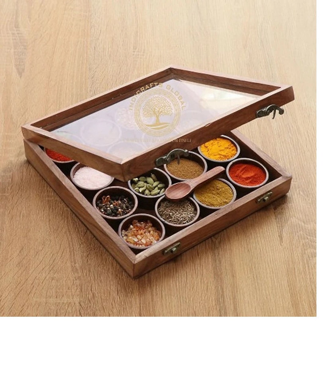 Wooden Handmade Spice Box/ Masala Dabba With 16 Round Compartments ...
