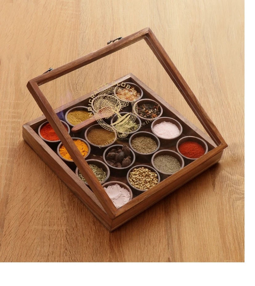 Wooden Handmade Spice Box/ Masala Dabba With 16 Round Compartments ...