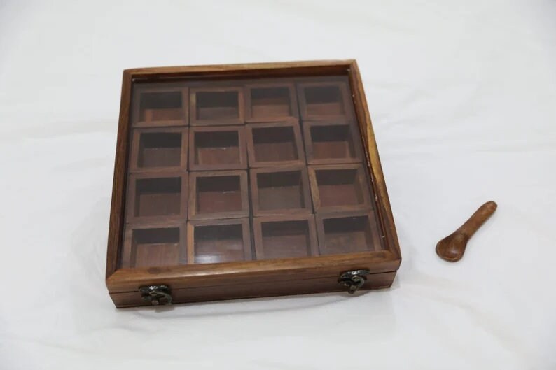 16 Square Compartments & Spoon Wooden Handmade Spice Box/ Masala Dabba ...