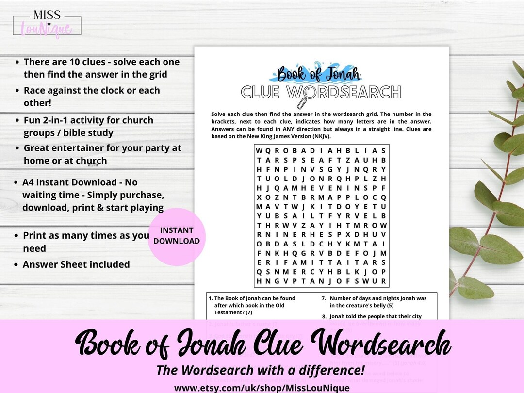 Book of Jonah Wordsearch Printable Game - Jonah and the Great Fish ...