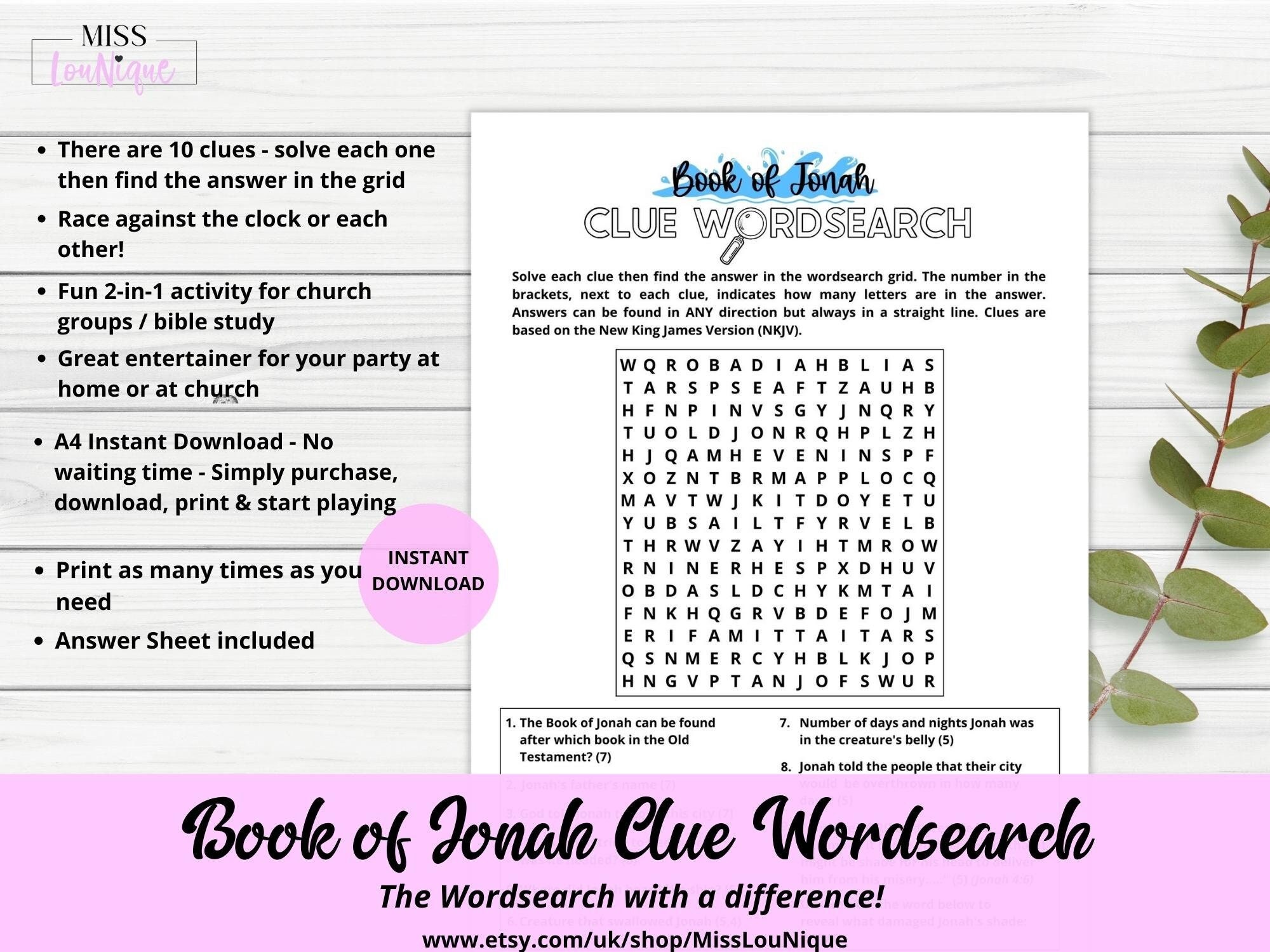 Book of Jonah Wordsearch Printable Game - Jonah and the Great Fish ...