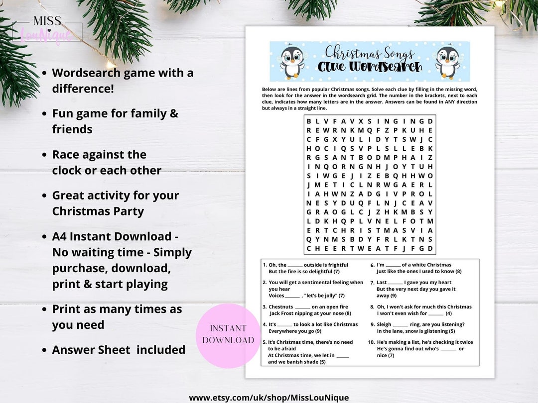 Christmas Songs Wordsearch Game Christmas Party Game L Christmas Song ...