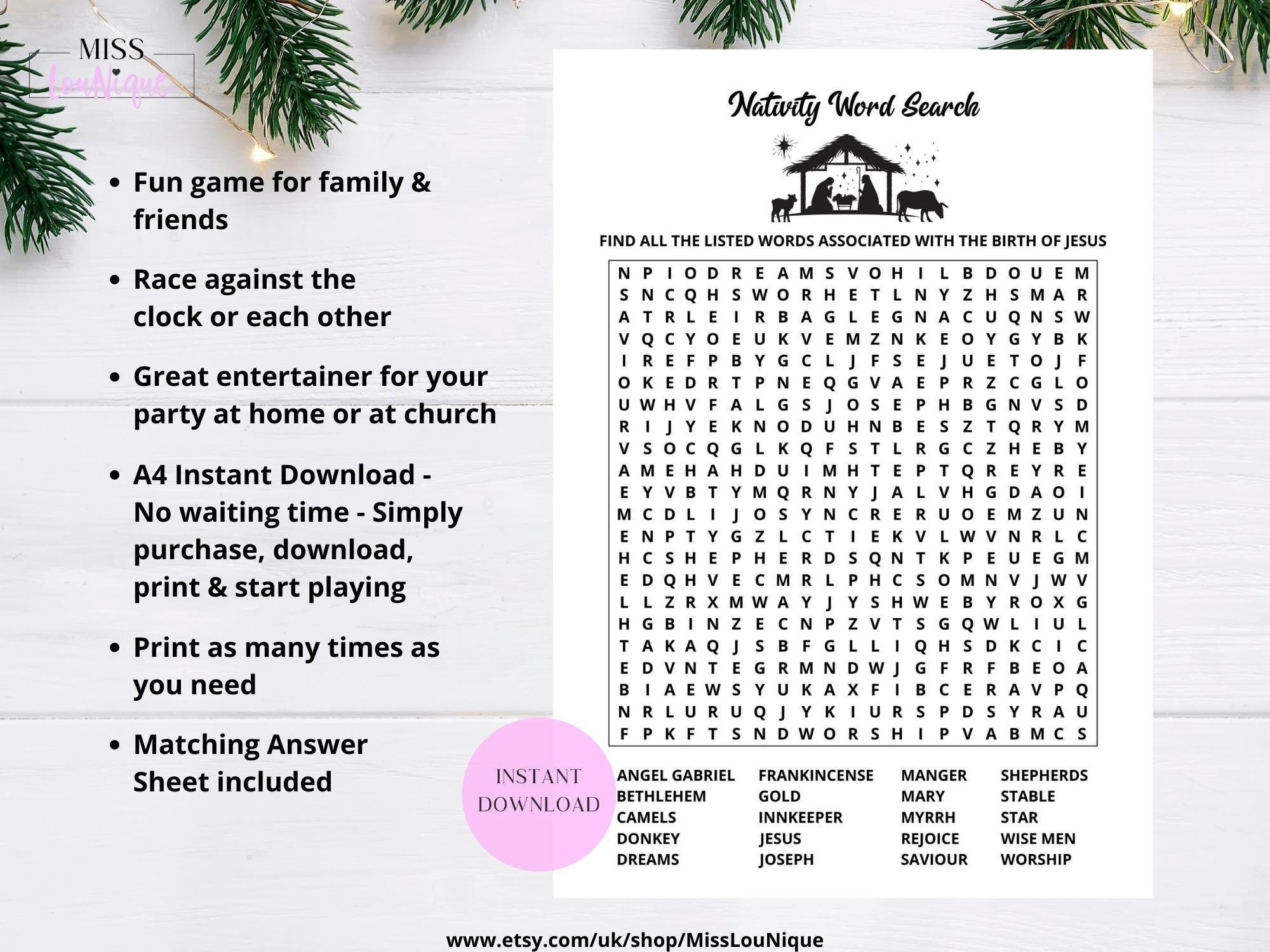 Printable Nativity Wordsearch Birth of Jesus Word Game Christmas Game ...