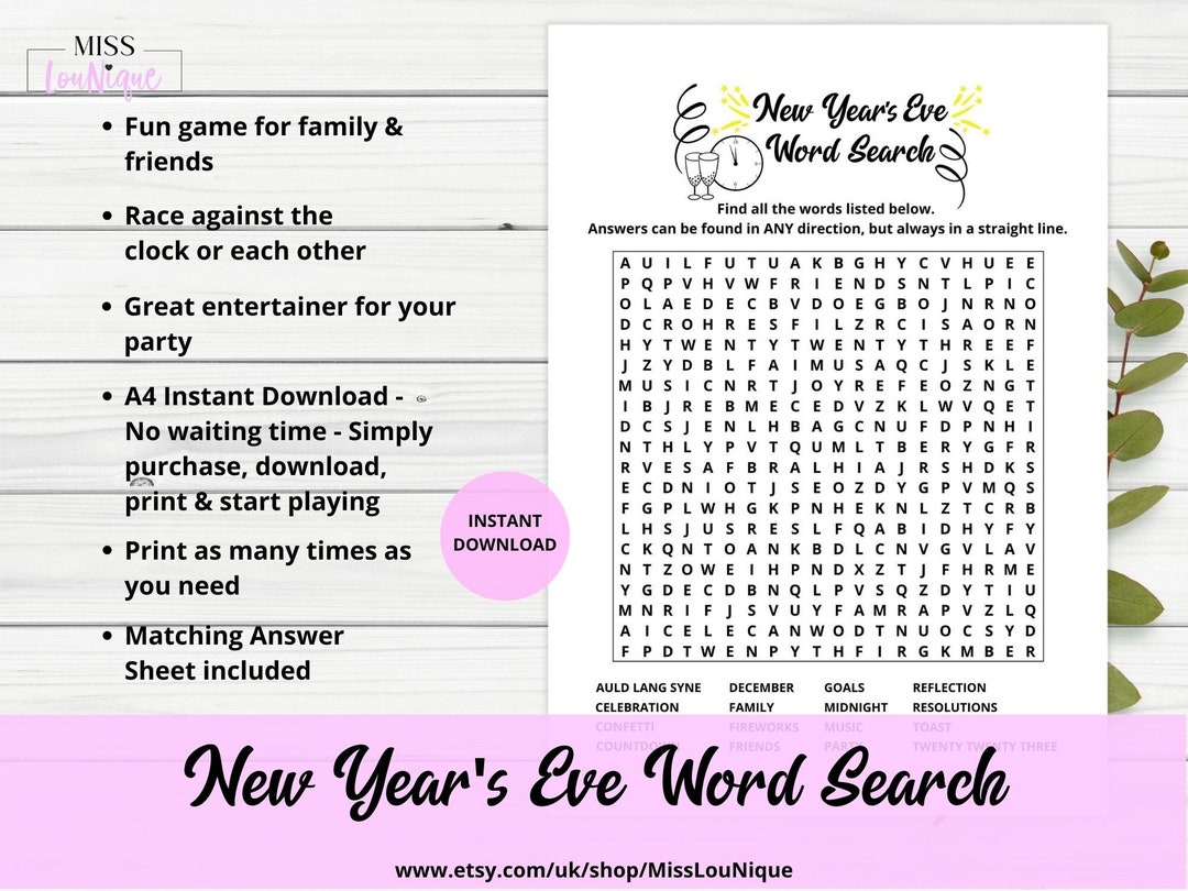 New Years Eve Word Search Game Printable L New Years Eve Games L Party ...