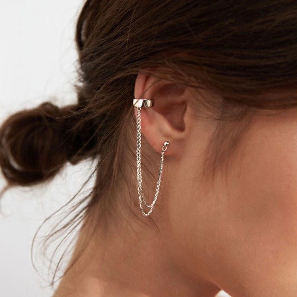 Silber Ohrringe mit Kette / Kette Ohr cuff / Silber | Etsy