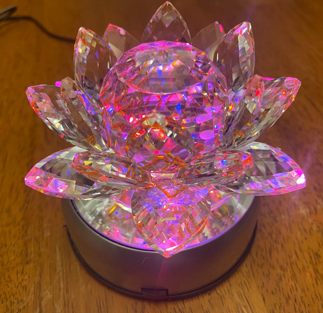6" K9 Crystal Lotus Flower Pillar Candle Holder/7 LED Light Rotate ...