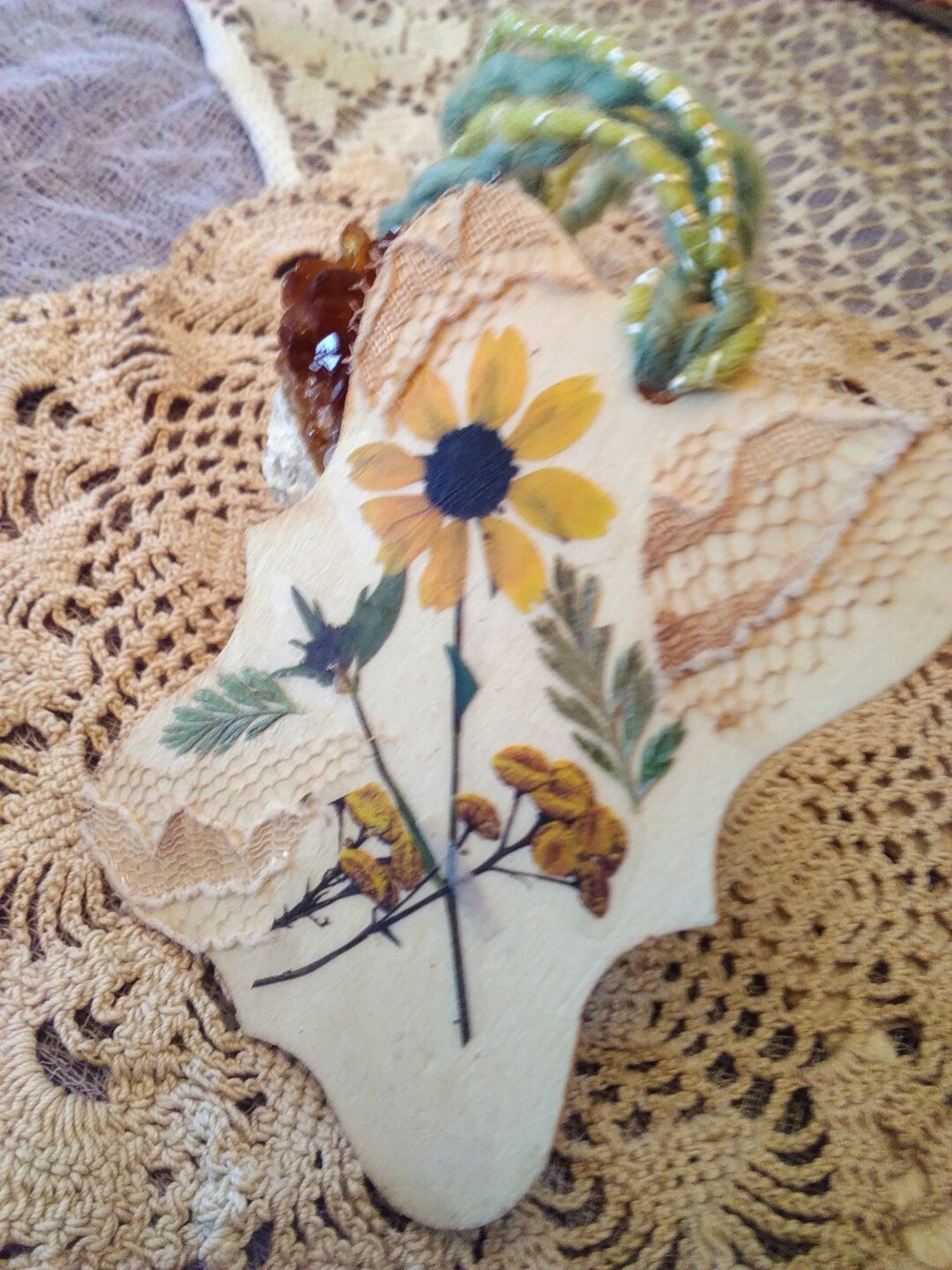 Handcrafted Black Eyed Susan, Double Sided Coffee-stained Lace, and ...