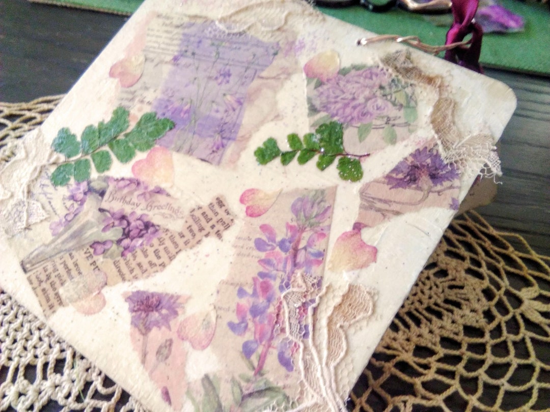 Fern and Vintage Paper Collage Wall Hanging, Floral Papers, Stained ...