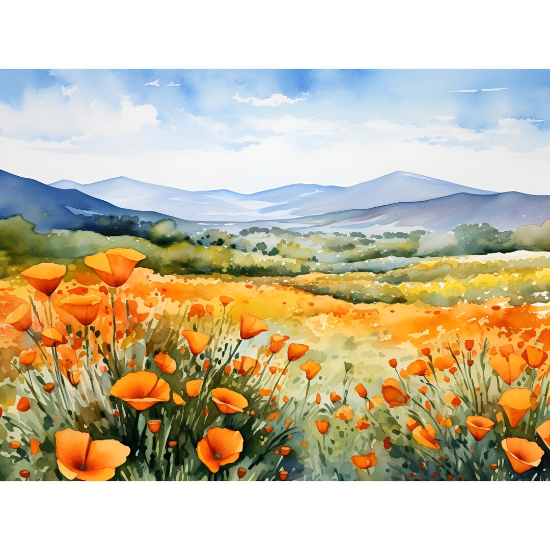 Chino Hills Painting California Watercolor Landscape Poppy Art Print ...