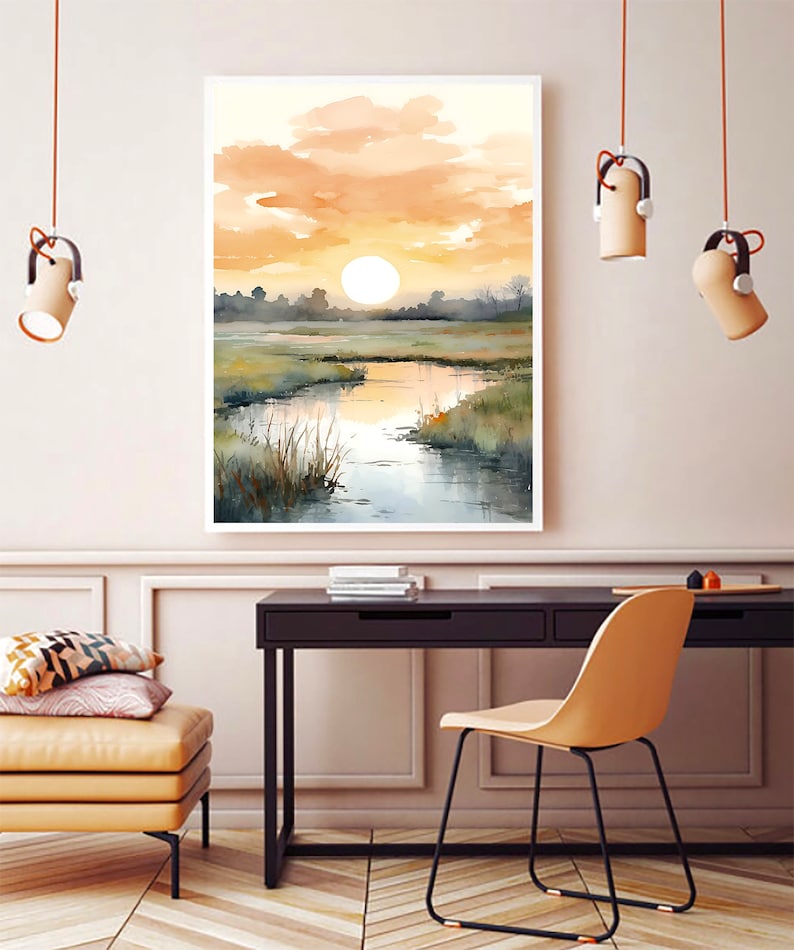 Sunrise Watercolor Print Large Neutral Painting Yellow Green Landscape ...