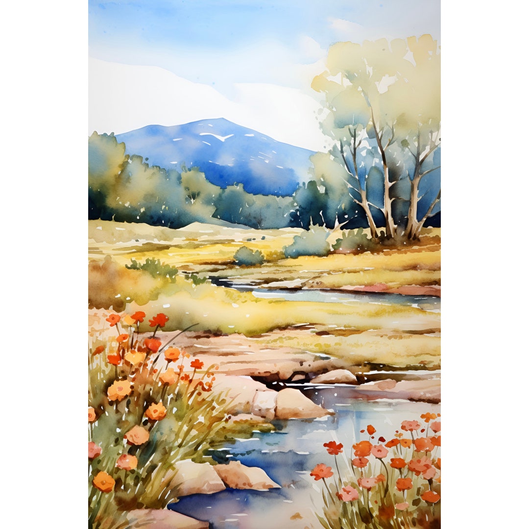 Mount Bonnell Painting Texas Watercolor Art Print Wildflowers Field ...
