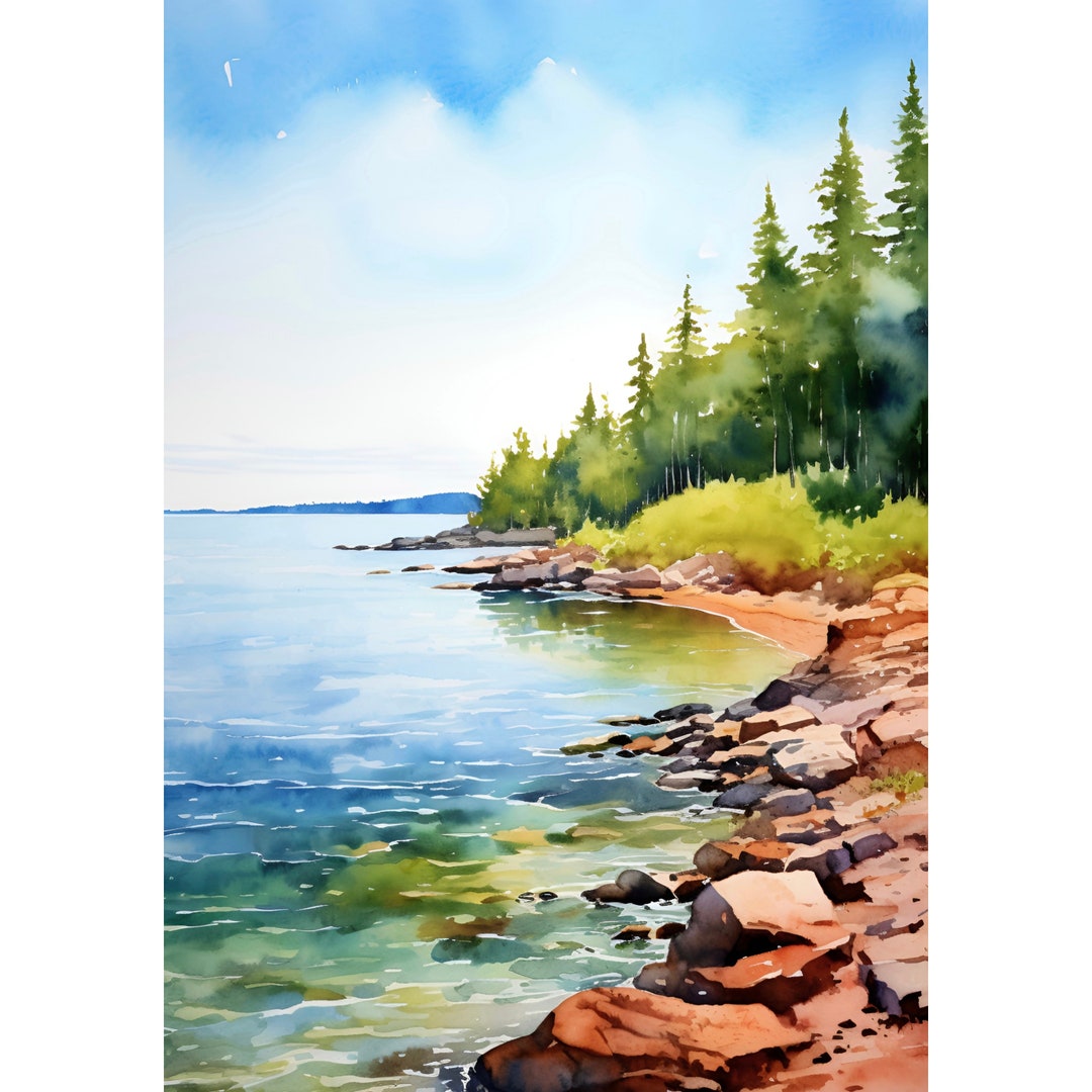 Lake Superior Painting Watercolor Art Print Michigan Forest Poster ...