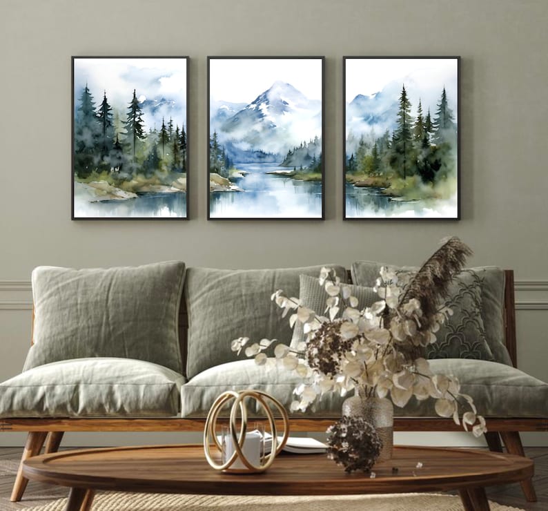 Mountain Set of 3 Nature Landscape National Park Poster Watercolor Lake ...