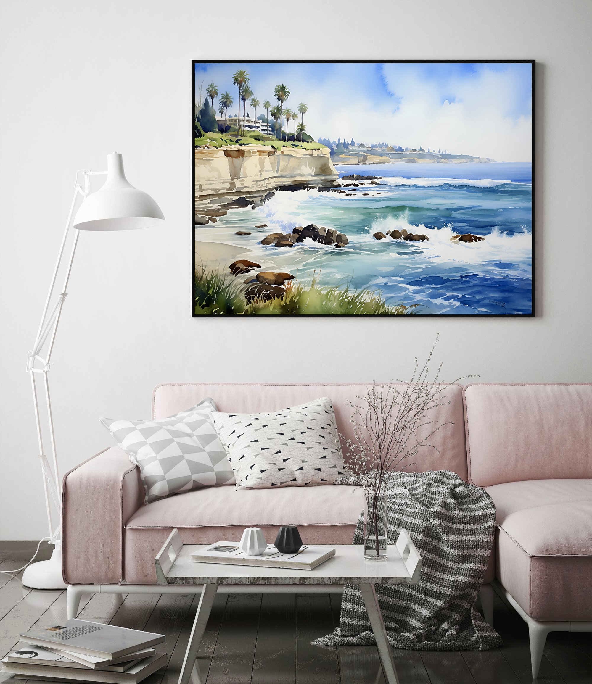 California Coast Art Ocean Watercolor Print Large Panoramic Wall Art ...