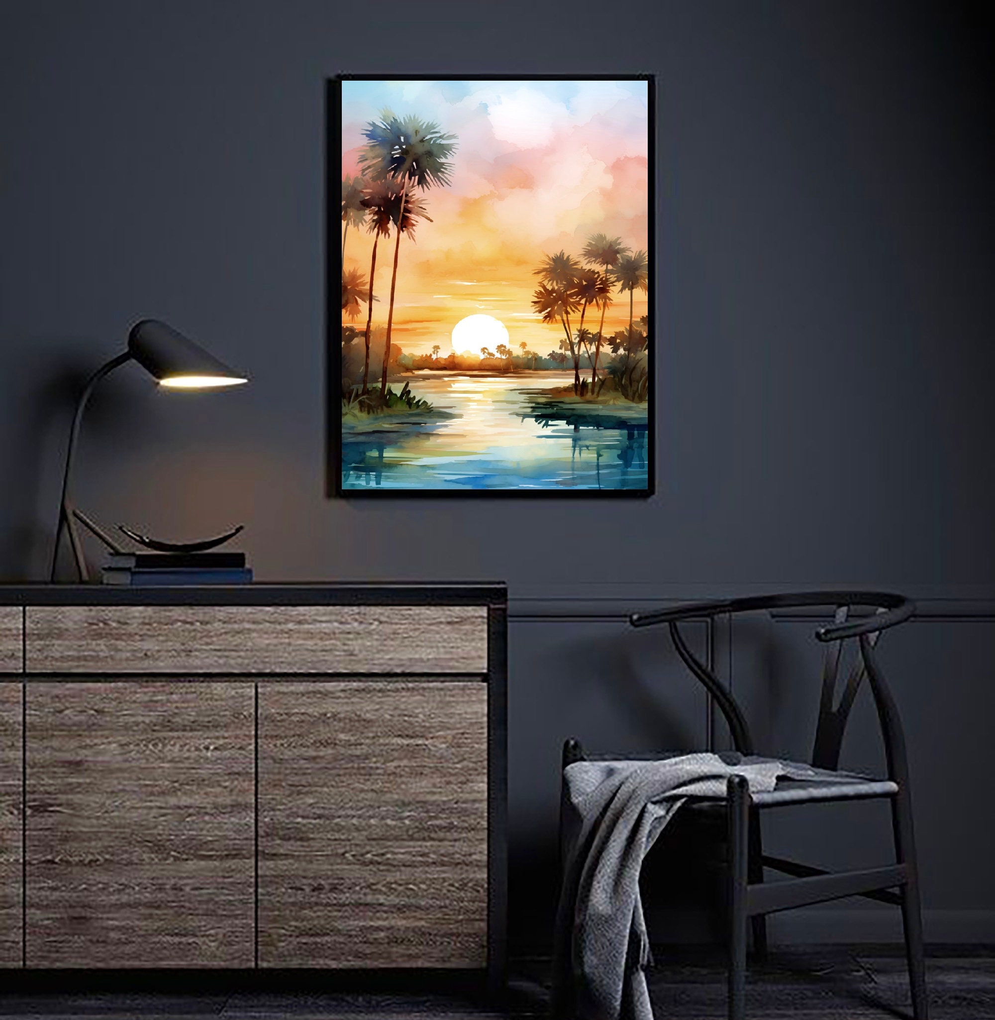Florida Key West Art Palm Tree Watercolor Painting Sunset Tropical Wall ...