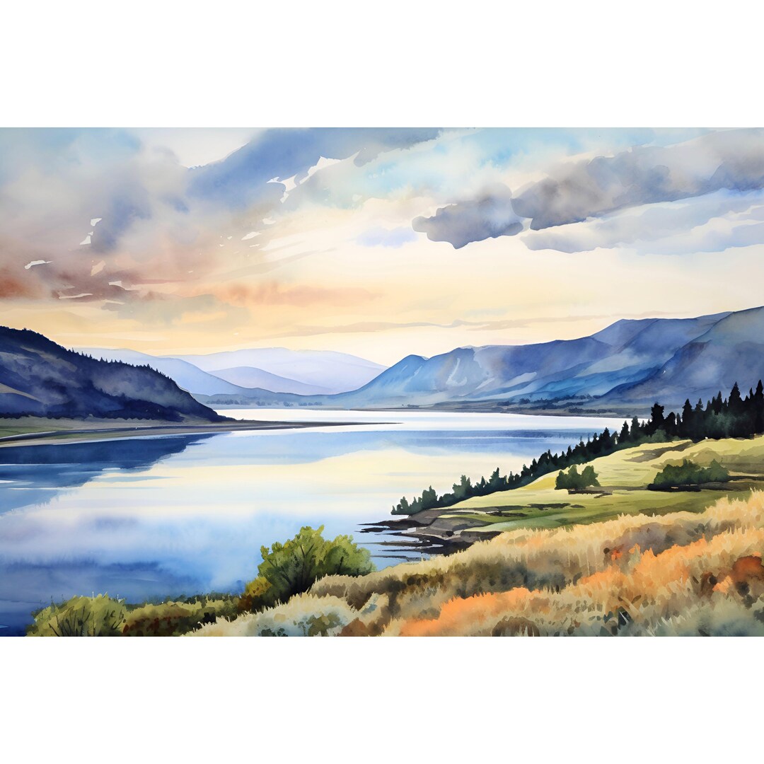 Columbia River Painting Sunset Watercolor Art Print Oregon Landscape ...