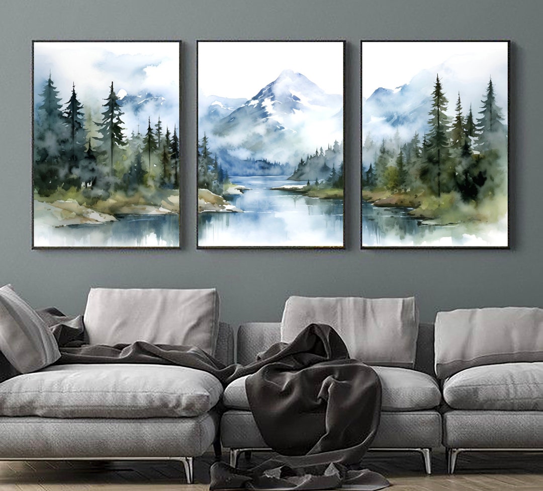 Mountain Set of 3 Nature Landscape National Park Poster Watercolor Lake ...