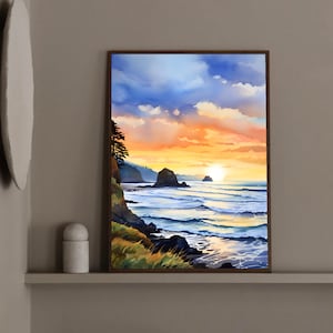 Cannon Beach Painting Oregon Coast Wall Art Sunset Watercolor Print ...