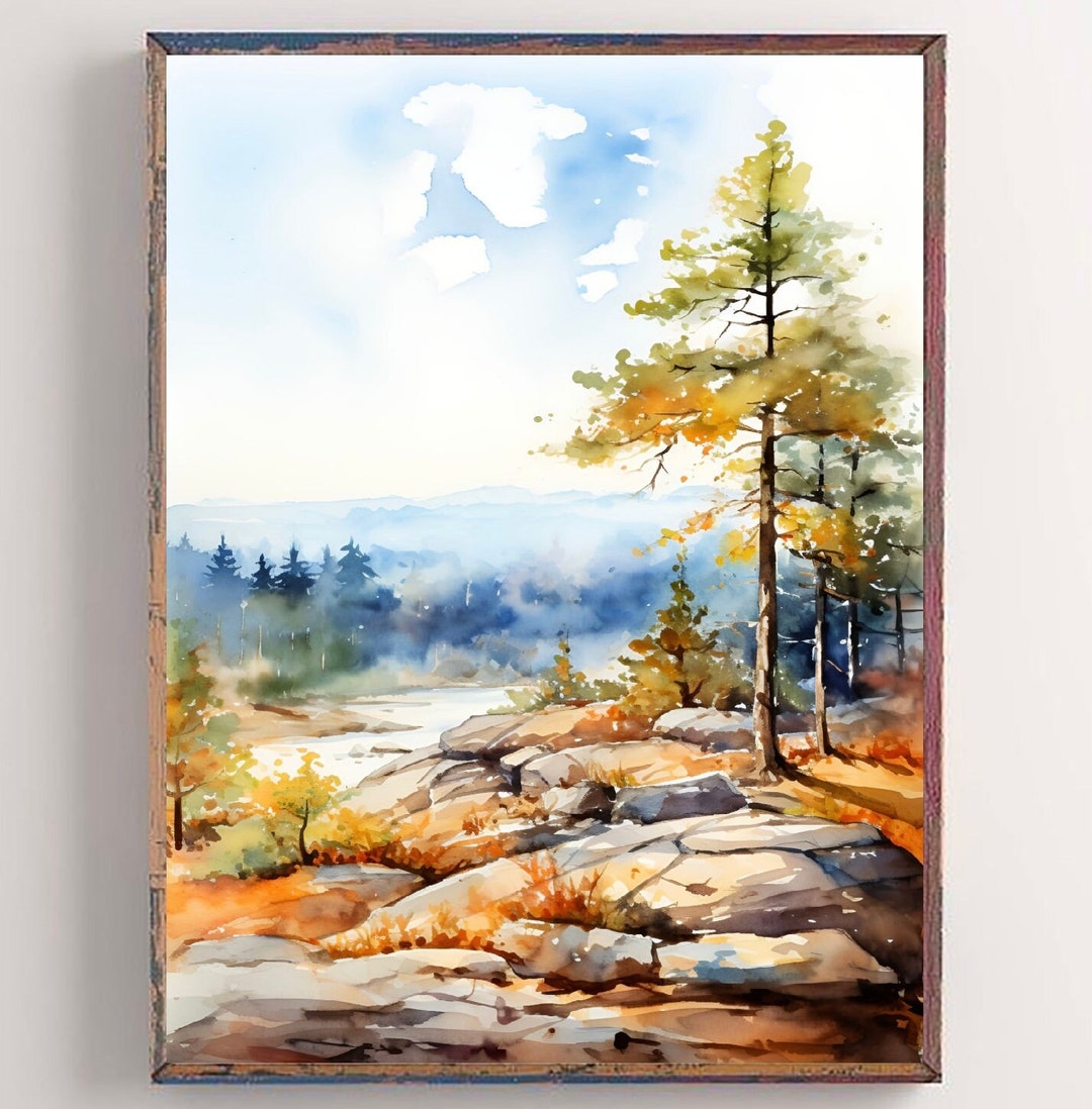 Cheaha State Park Alabama Landscape Painting Art Print Beige Blue Wall ...