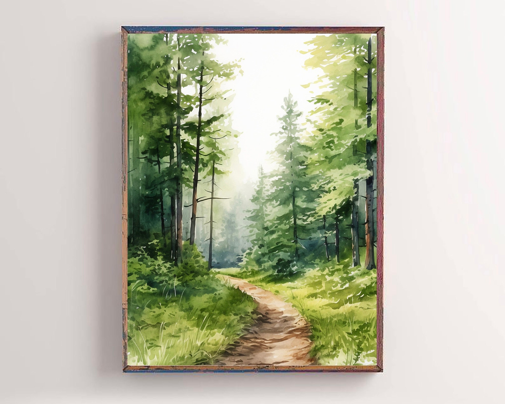 Spring Forest Path Art Watercolor Painting Green Nature Poster Large Woodland Artwork Forest ...